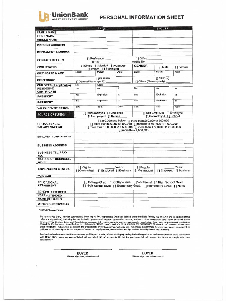 Union Bank Personal Information Form | PDF