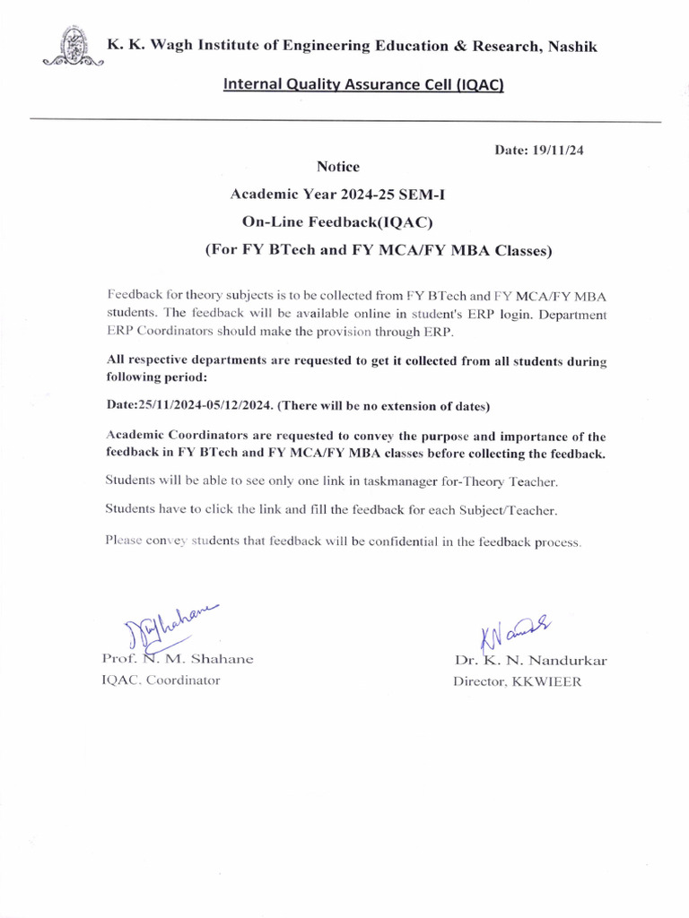 On - Line Feedback (IQAC) From FY Btech and FY MCA and FY MBA Classes | PDF