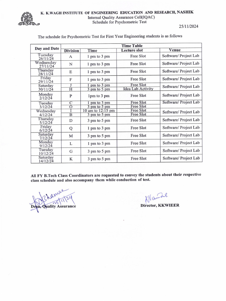 The Schedule For Psychometric Test For First Year Engineering Students ...