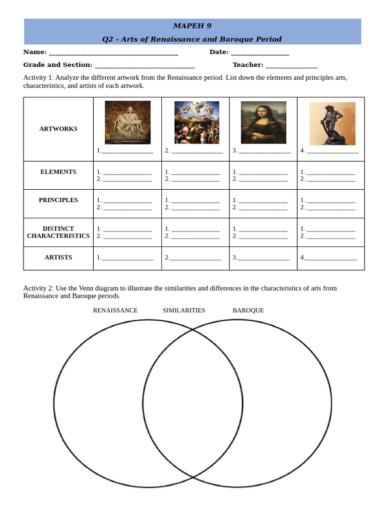 q2 Worksheet in Renaissance and Baroque Periods | PDF