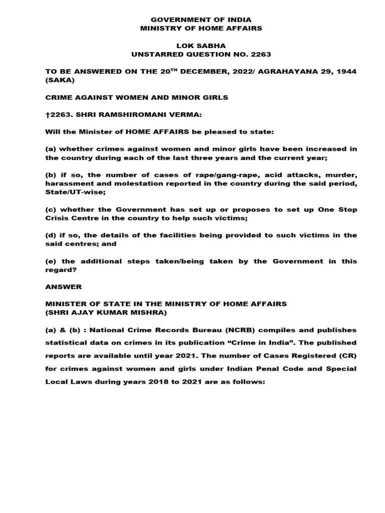 2022 Crime Against Women Statistics | PDF | Crimes | Crime & Violence