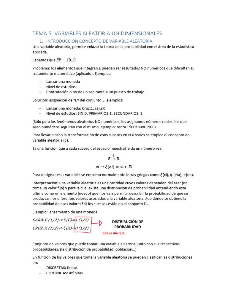 Tema 5. Variables Aleatoria Unidimensionales | PDF | Teoría de probabilidad | Variable aleatoria