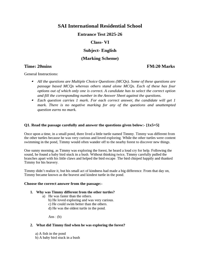Class 6 English Unit Test Questions | PDF | Multiple Choice | Syntax