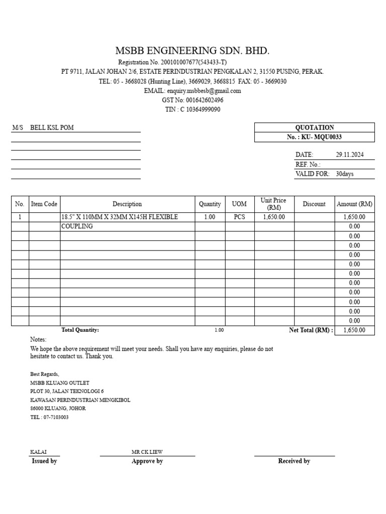 Manual Quotation - KLUANG - KU-MQU 0033 | PDF