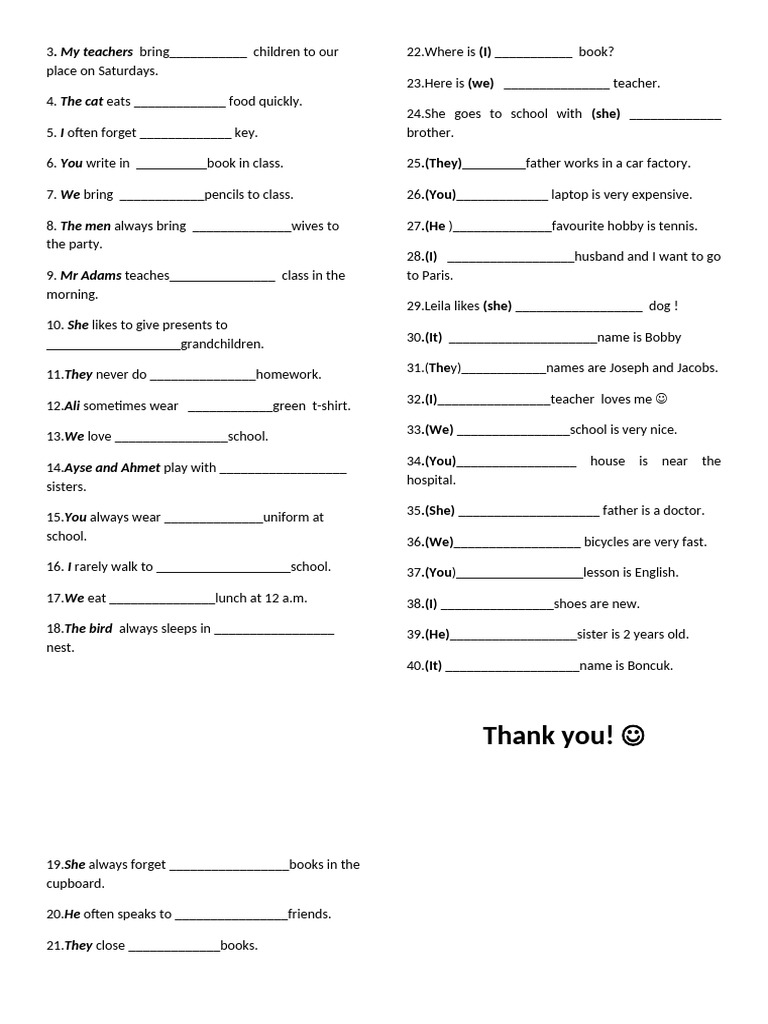 Week 5 Possessive Adjectives Grammar Drills | PDF