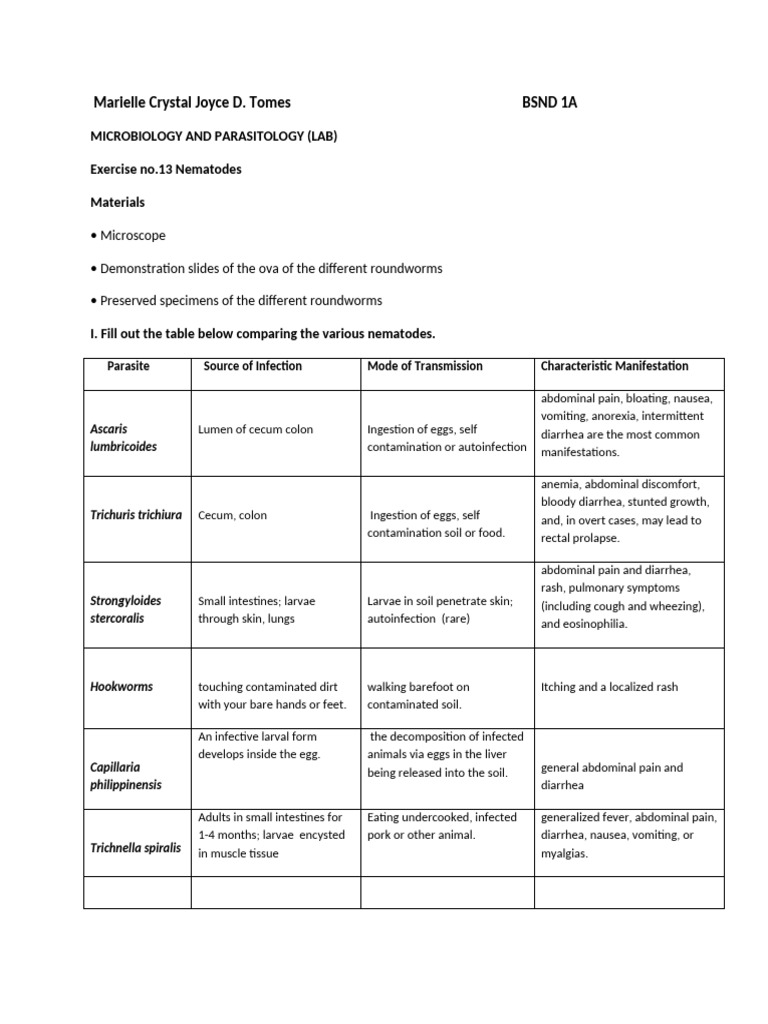 MICRO LAB 13. NEMATODES | PDF | Microbiology | Causes Of Death
