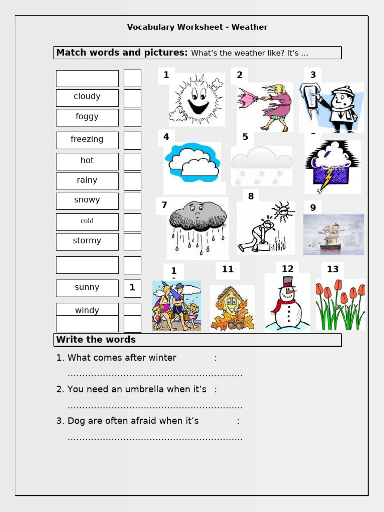 Vocabulary Matching Worksheet Weather Fun Activities Games - 4000 | PDF