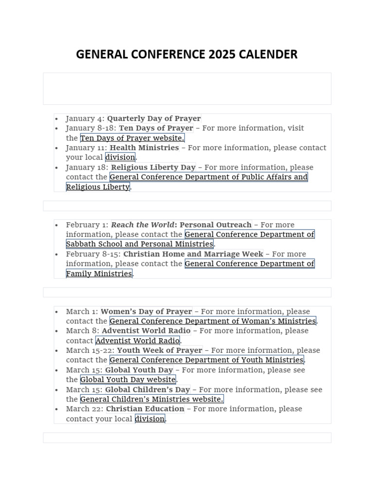 General Conference 2025 Calender | PDF | Seventh Day Adventist Church ...