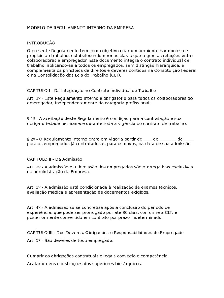 Modelo de Regulamento Interno Da Empresa | PDF | Férias trabalhistas | Business