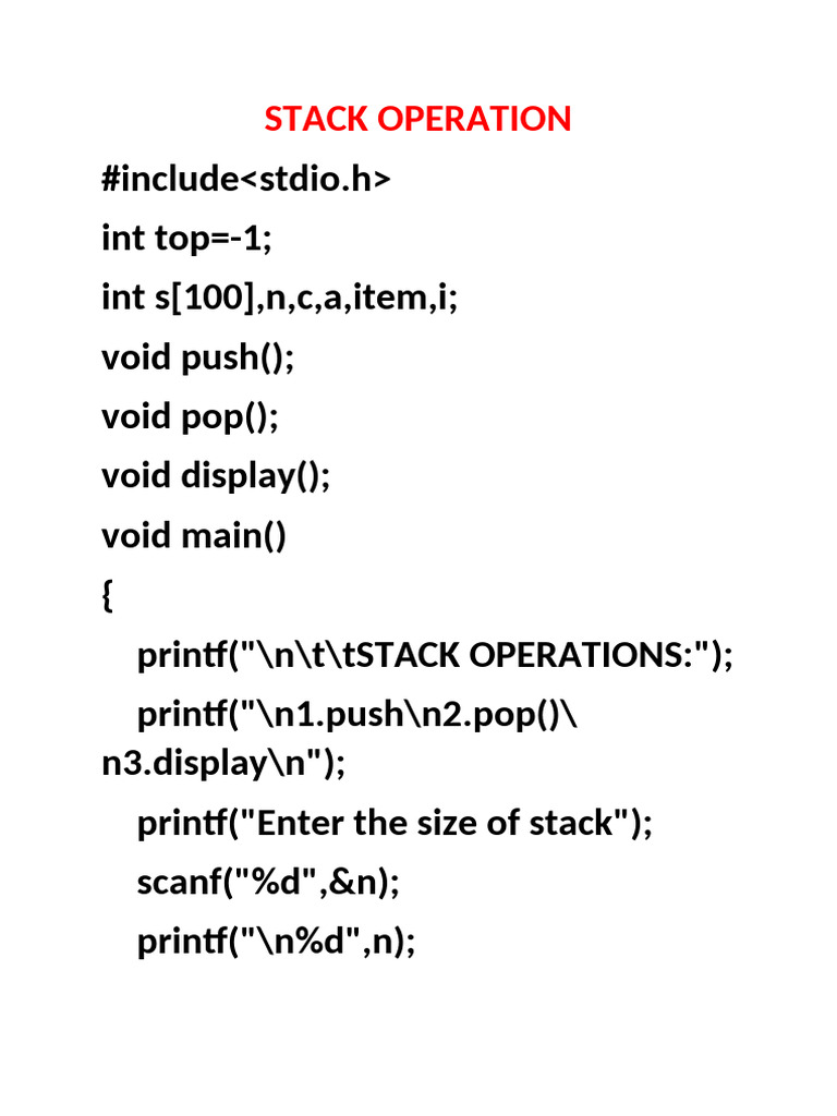 C Stack Operations Code Example | PDF