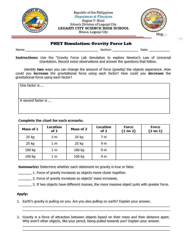 PhET Simulation - Gravity Force Lab | PDF | Gravity | Force
