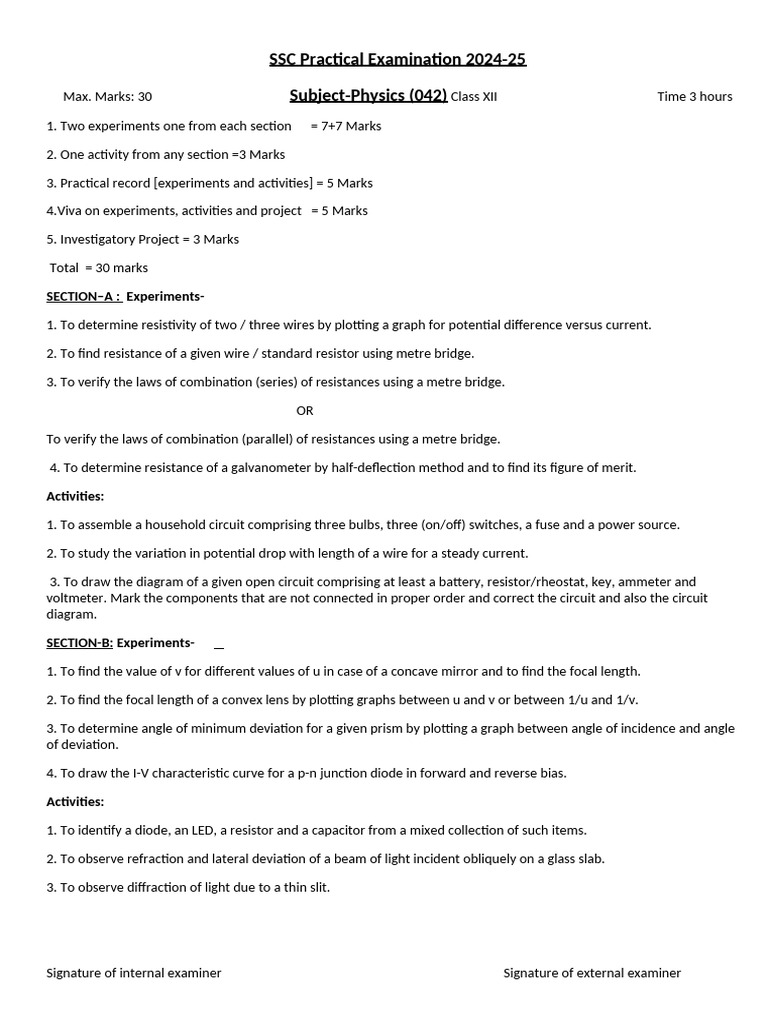 12 Physics Practical Exam Scheme 2024-25 | PDF | Electrical Resistance ...