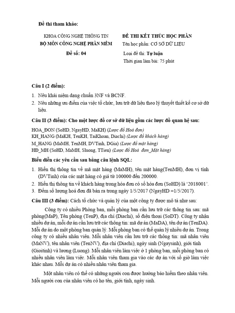 DeThi - CSDL - Tham Khao 2 | PDF