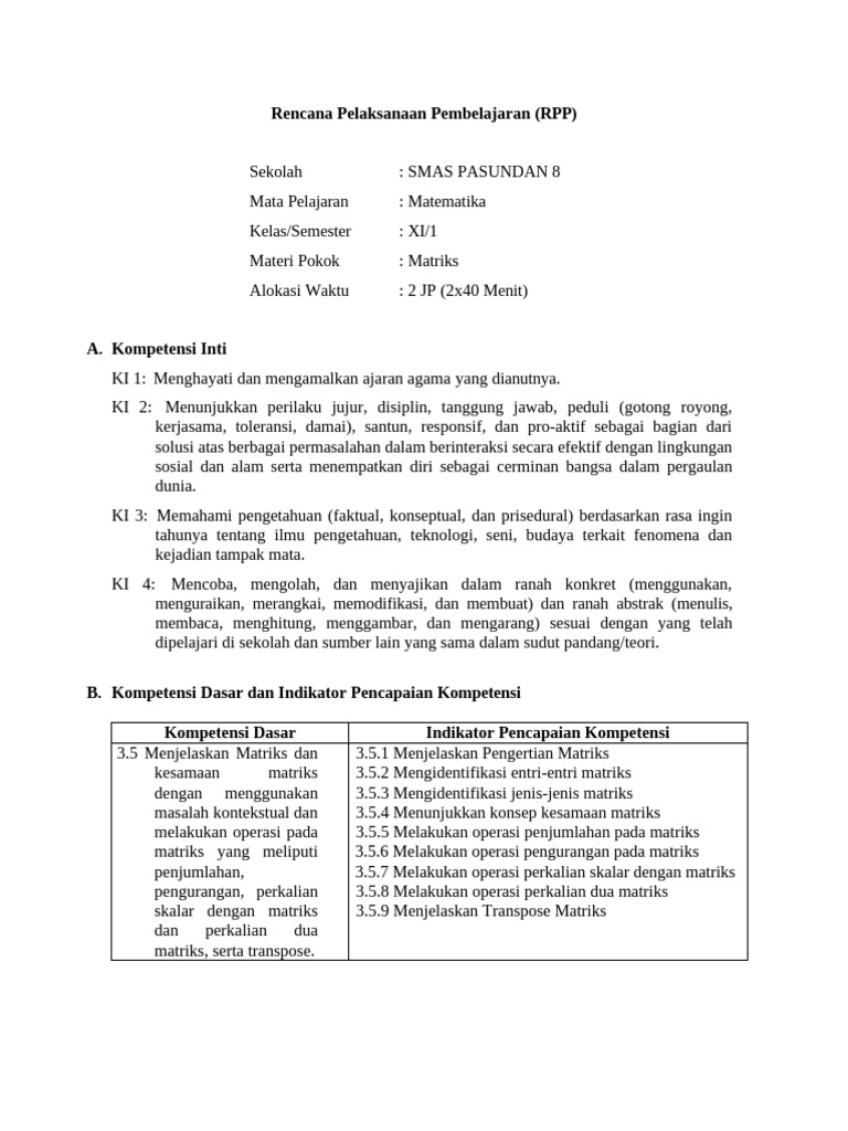 RPP - Matriks - Pertemuan 1 | PDF