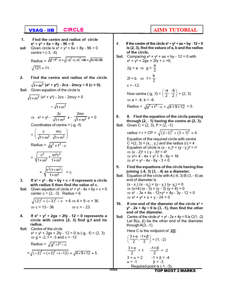 mathematics 2b VSAQ | PDF | Circle | Analytic Geometry
