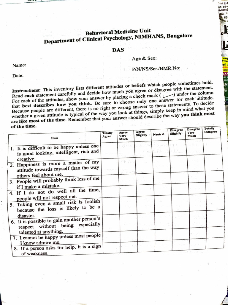 (DAS) Dysfunctional Assumption Scale | PDF | Psychology | Psychological Concepts