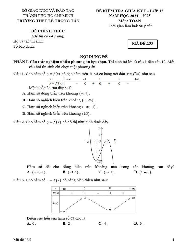 De Giua Hoc Ky 1 Toan 12 Nam 2024 2025 Truong THPT Le Trong Tan TP HCM | PDF