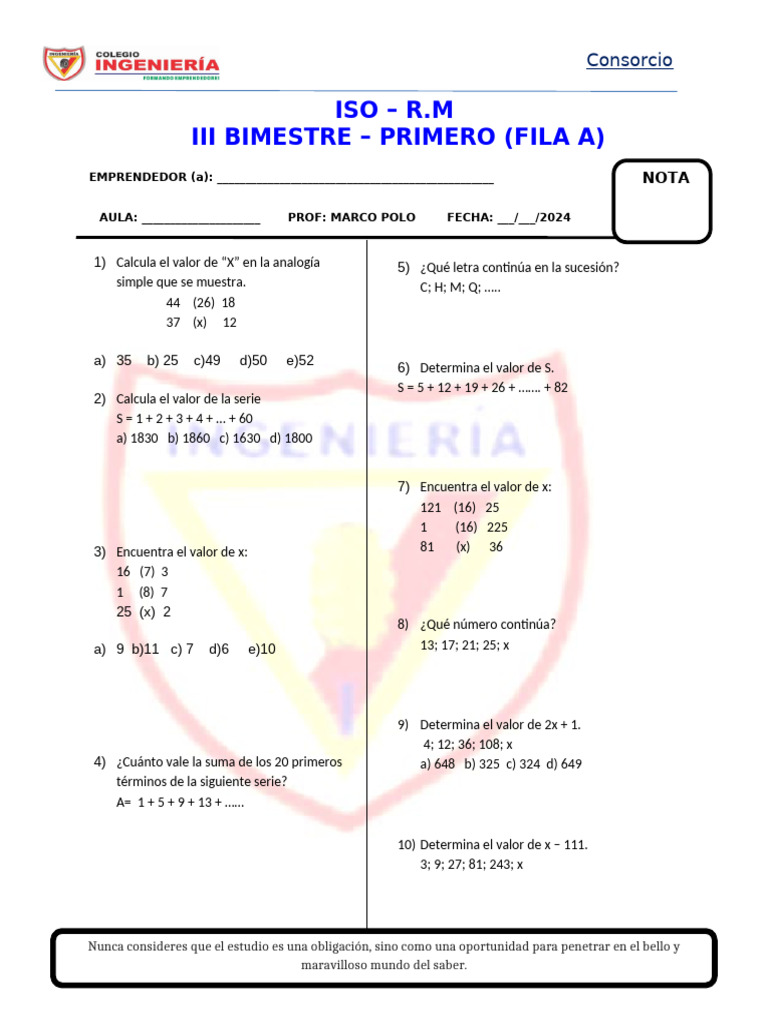 ISO de rm primero de secundaria (1) TERCER BIMESTRE FILA A | PDF