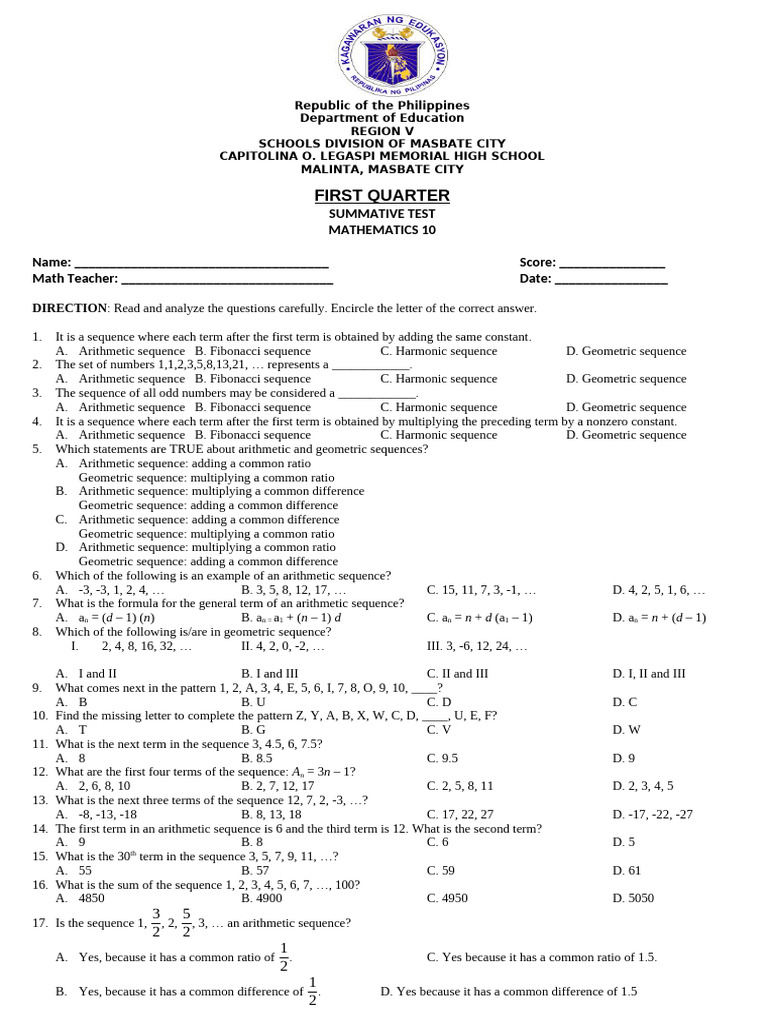Math 10 1st Quarter Summative Test | PDF | Ratio | Arithmetic