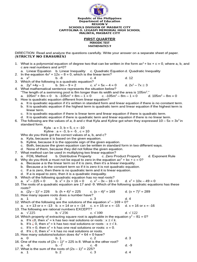math 9 1st quarter exam | PDF | Factorization | Mathematical Analysis math 9 1st quarter exam | PDF | Factorization | Mathematical Analysis