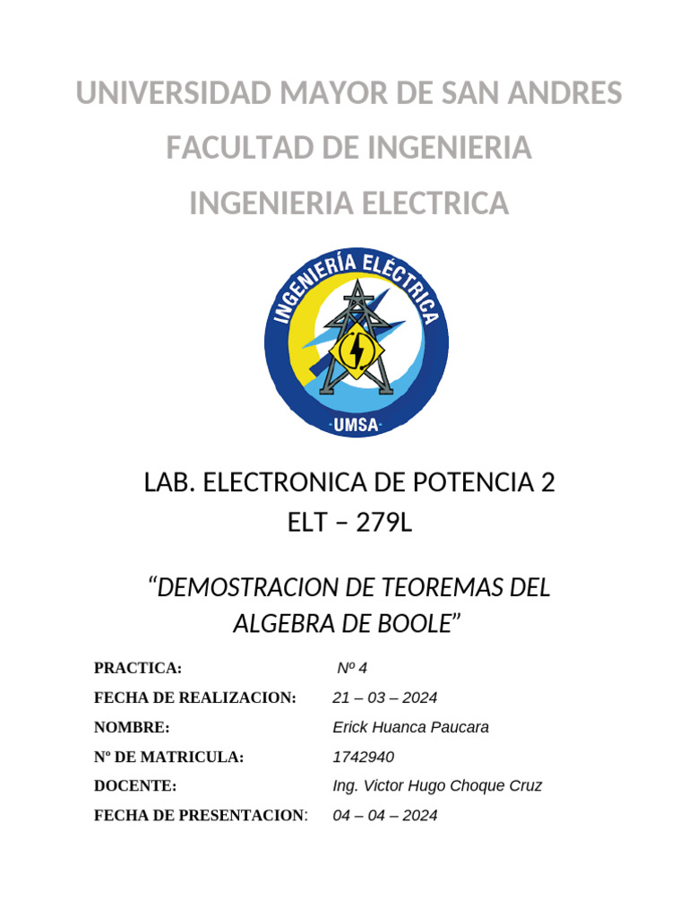 04 Demostracion Del Algebra de Boole ELT 279L | PDF | Puerta lógica ...