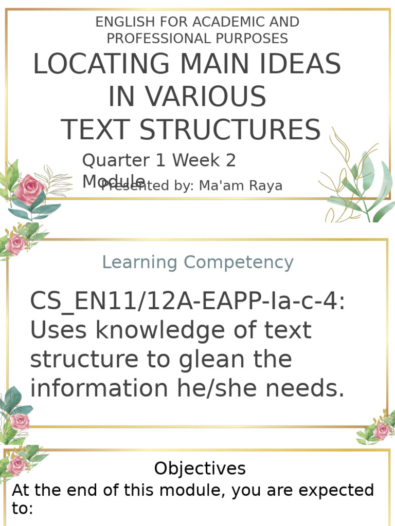 Main Ideas in Text Structures Guide | PDF | Reading Comprehension ...
