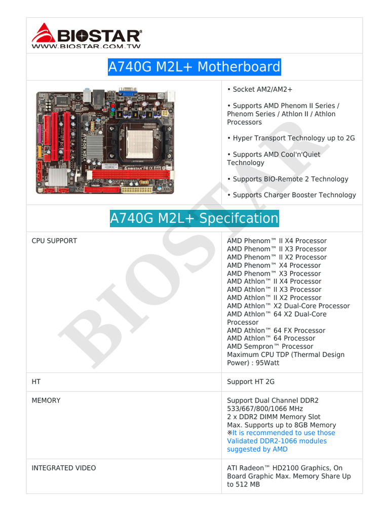 BIOSTAR_A740G_M2L+_SPEC | PDF | Computer Hardware | Computer Science