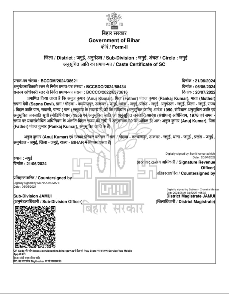 Caste Certificate | PDF