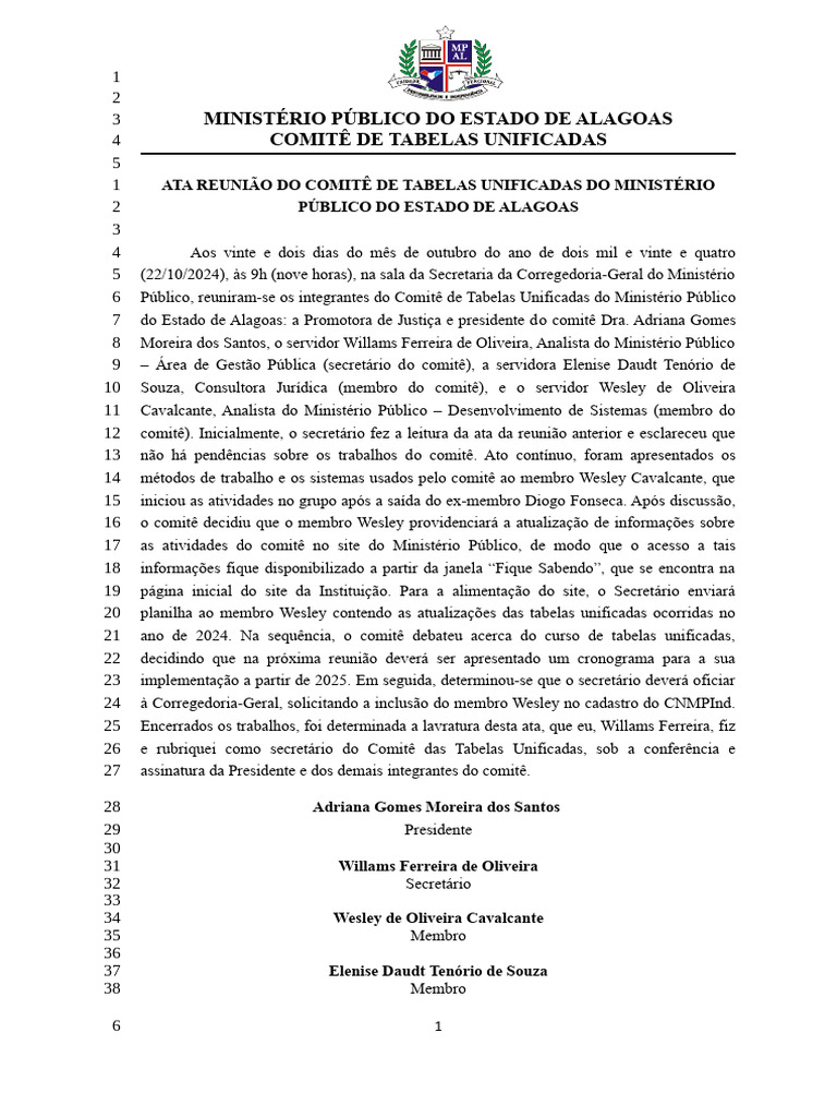 Ata da Reunião do Comitê de Tabelas Unificadas | PDF