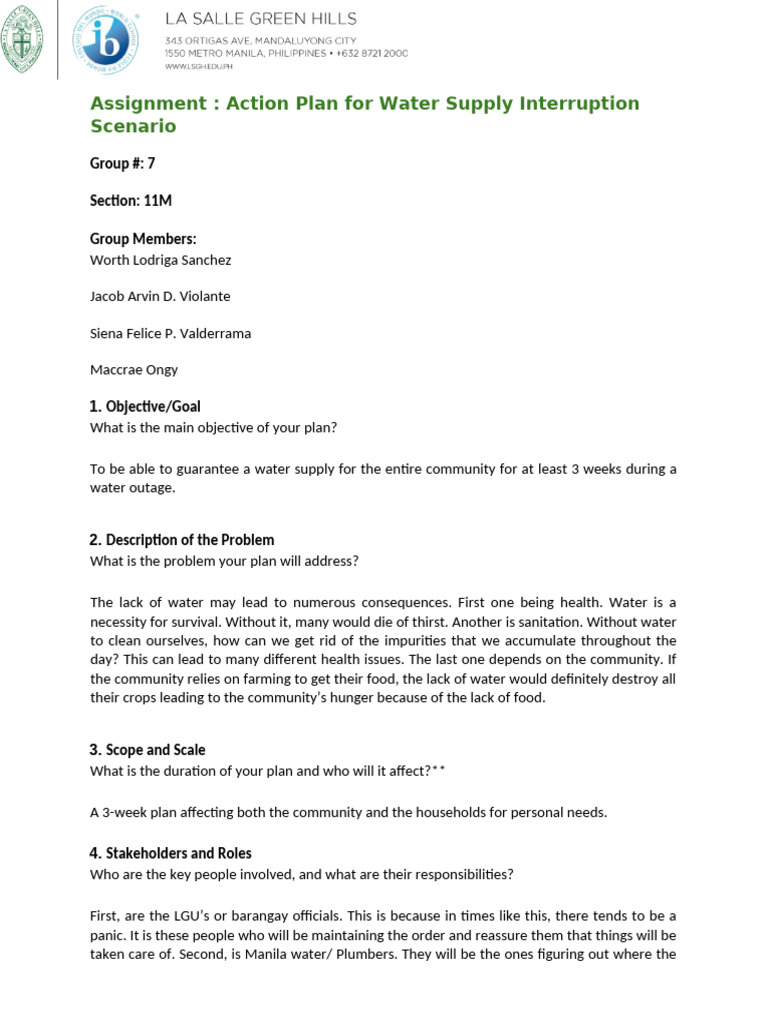 Action Plan for Water Supply Interruption Scenario #7 | PDF | Water ...