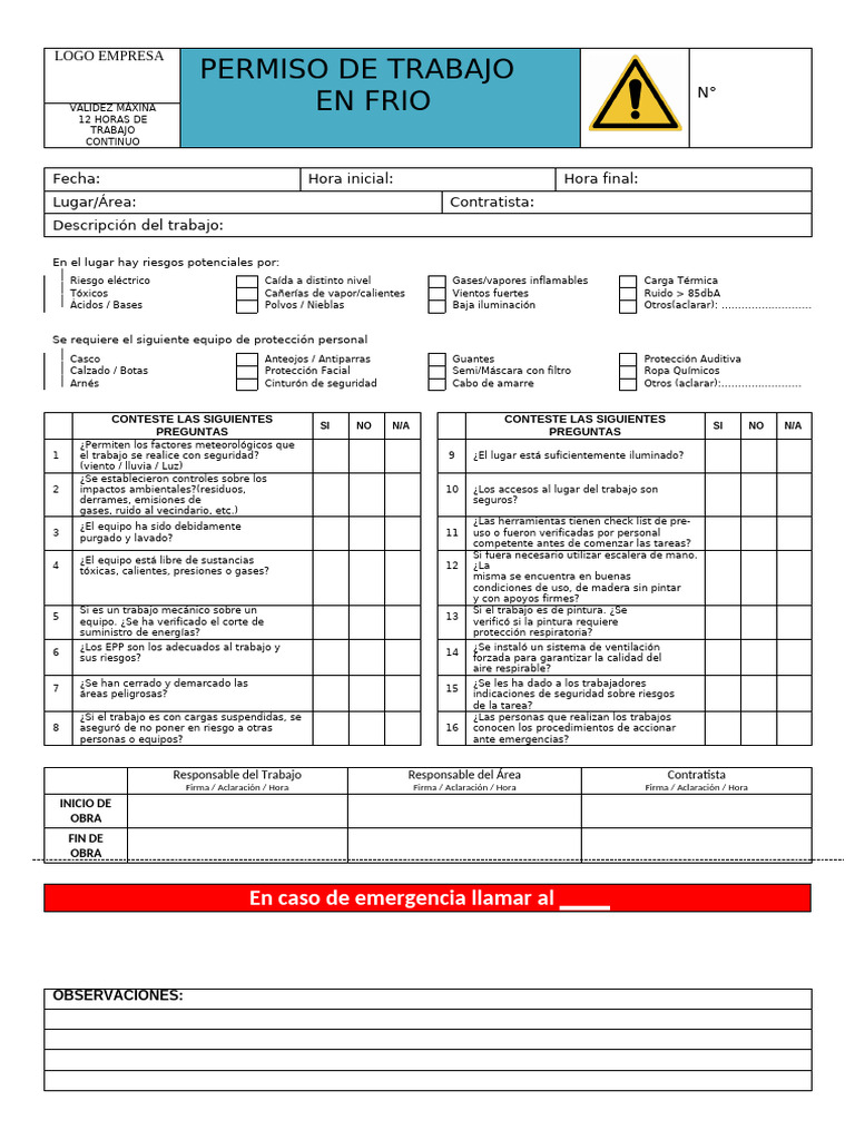 Permiso de Trabajo en Frio 1 | PDF