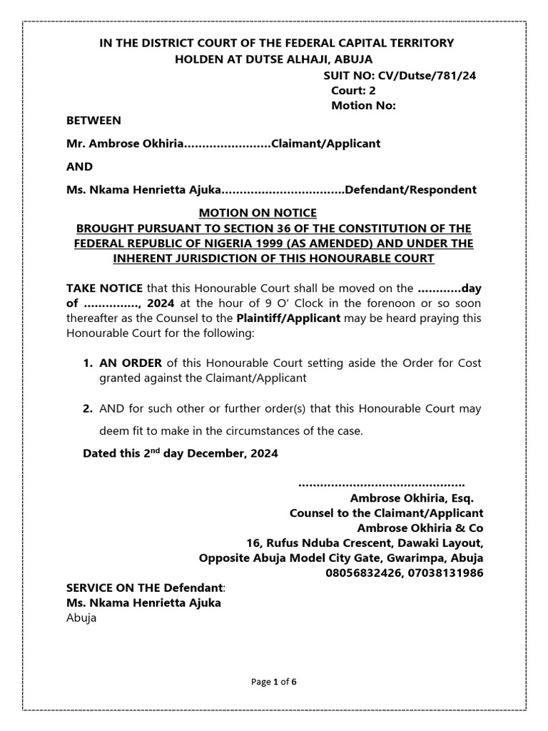 Motion to Set Aside Cost Order | PDF | Lawsuit | Equity (Law)