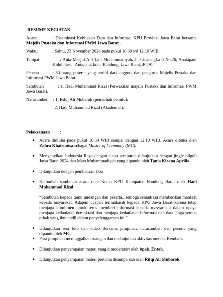 RESUME KEGIATAN Majelis Pustaka Dan Informasi PWM Jabar | PDF
