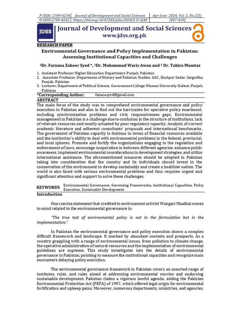 Environmental Governance and Policy Implementation in Pakistan ...