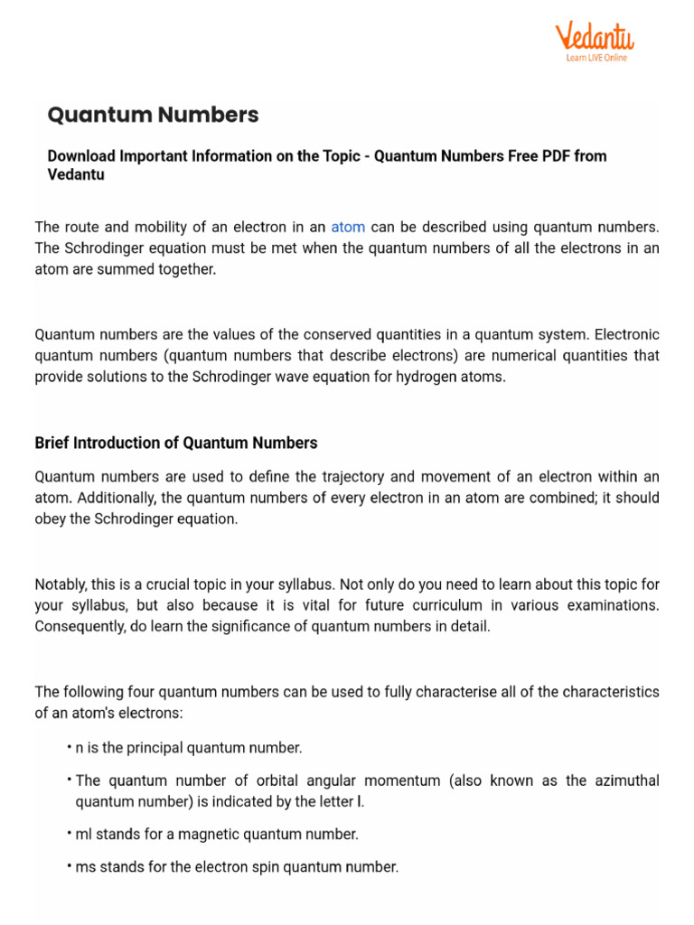 Quantum Numbers Class 11 | PDF