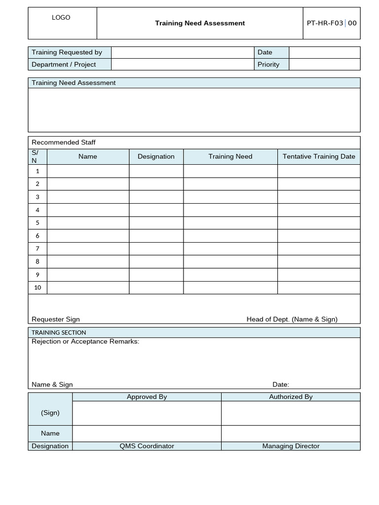 PT-HR-F03 Tranining Need Assessment | PDF