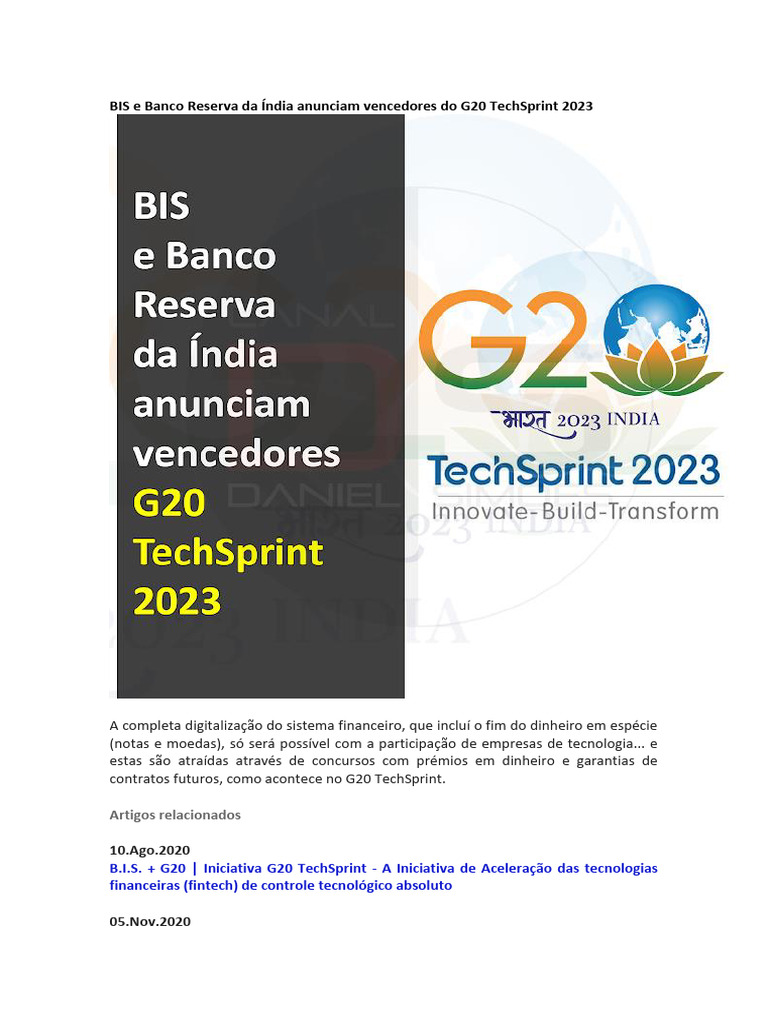 BIS e Banco Reserva Da Índia Anunciam Vencedores Do G20 TechSprint | PDF | Moeda | Bancos