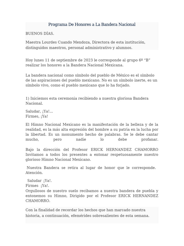 Programa de Honores A La Bandera Nacional | PDF