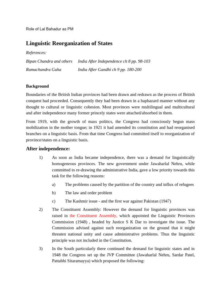 Linguistic Reorganization of Indian States | PDF | Punjab | Politics Of ...