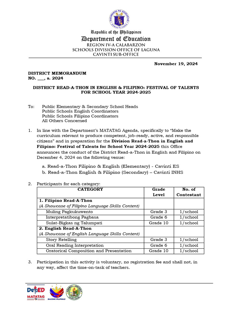 District Read A Thon in English Filipilino - Nfot For Sy2024 2025 | PDF ...