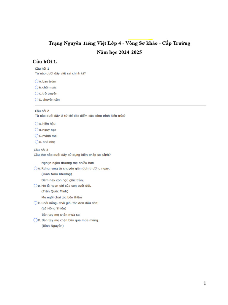 TNTV Lop 4 cấp trường - (Ma 01) | PDF