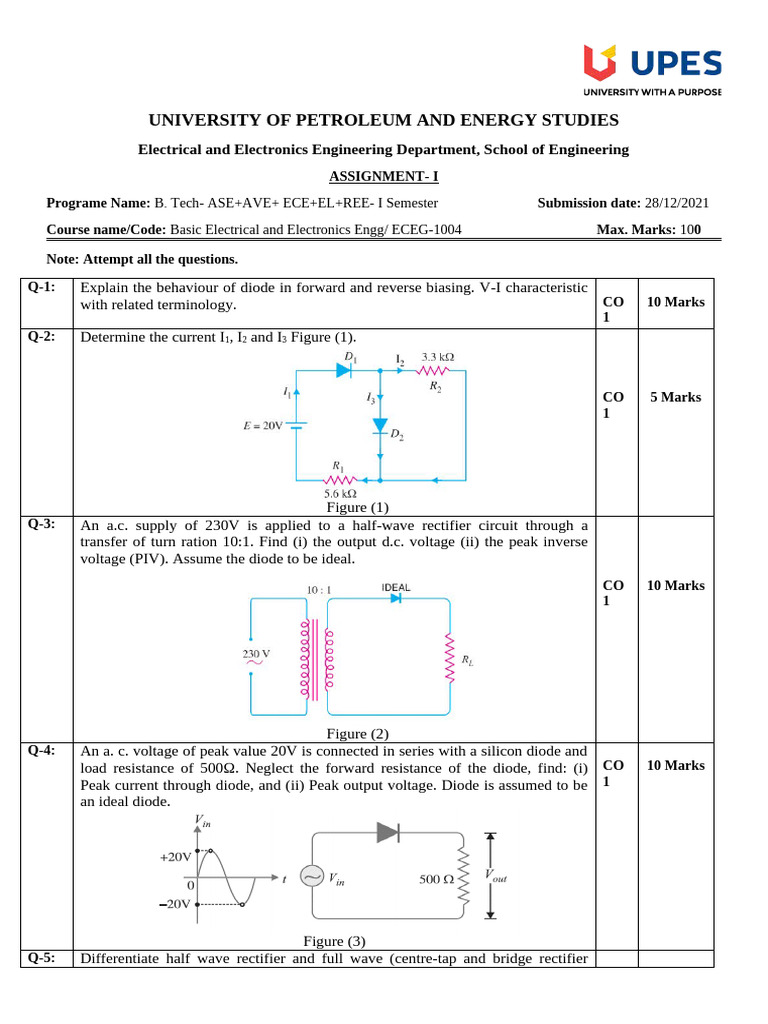 ASSIGNMENT - I - Basic Electrical and Electronics Engg ECEG-1002 | PDF | Diode | Rectifier