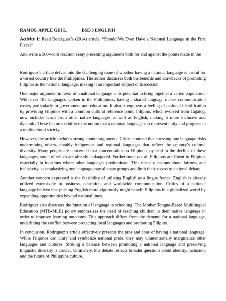 Activity 1 - Ramos, Apple Gei | PDF | Philippines | English Language