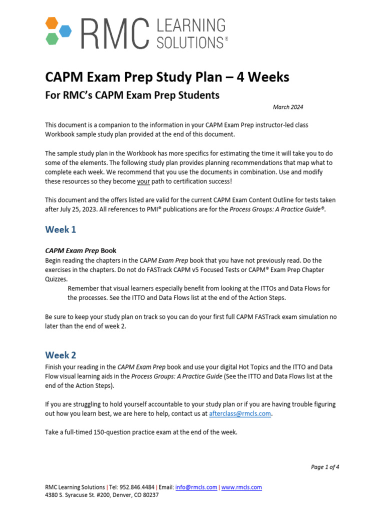 RMC-CAPM Exam Prep Study Plan-4Weeks | PDF | Cognition | Learning