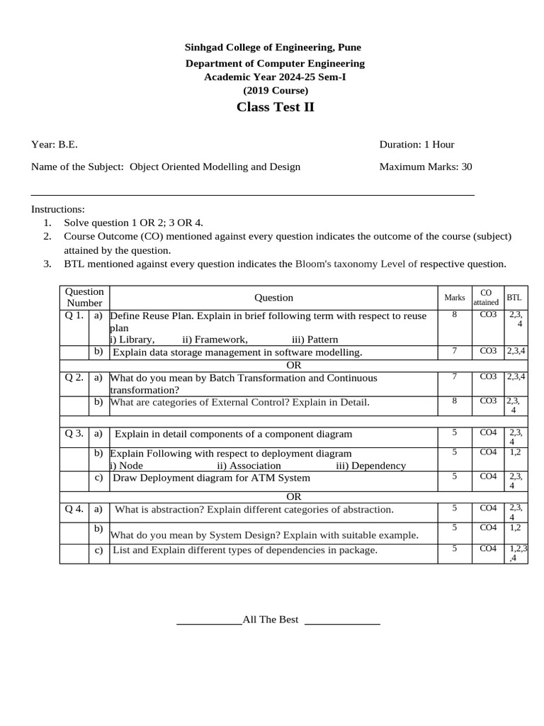 OOMD UT II Question Paper | PDF | Information Technology | Computer Science