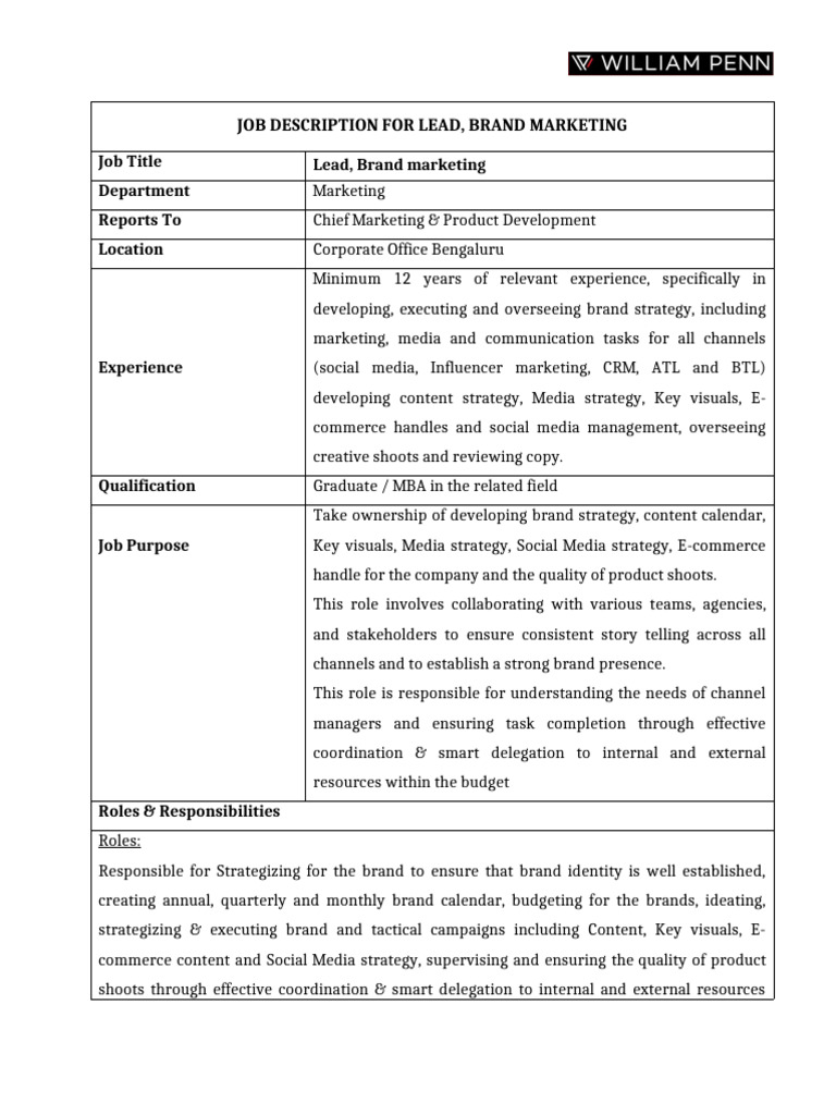Lead Brand Marketing Job Description | PDF | Social Media | Popular ...
