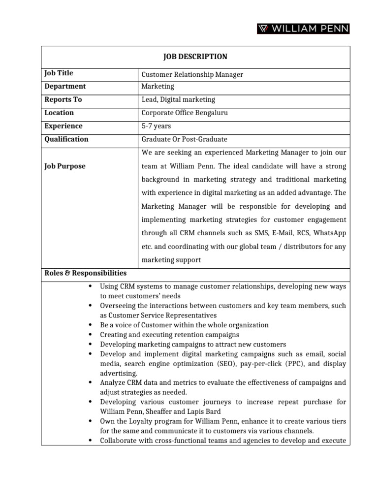 JD - Marketing Manager CRM | PDF | Customer Relationship Management | Digital Marketing