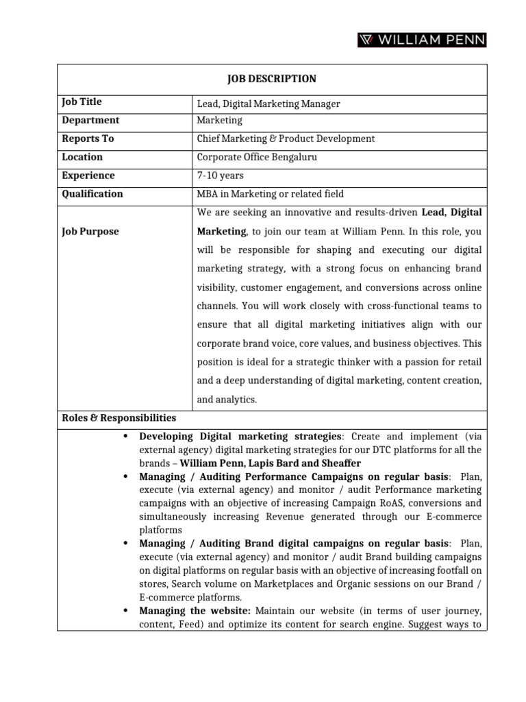 JD - Marketing - Lead Digital Marketing Manager | PDF | Digital Marketing | Search Engine ...