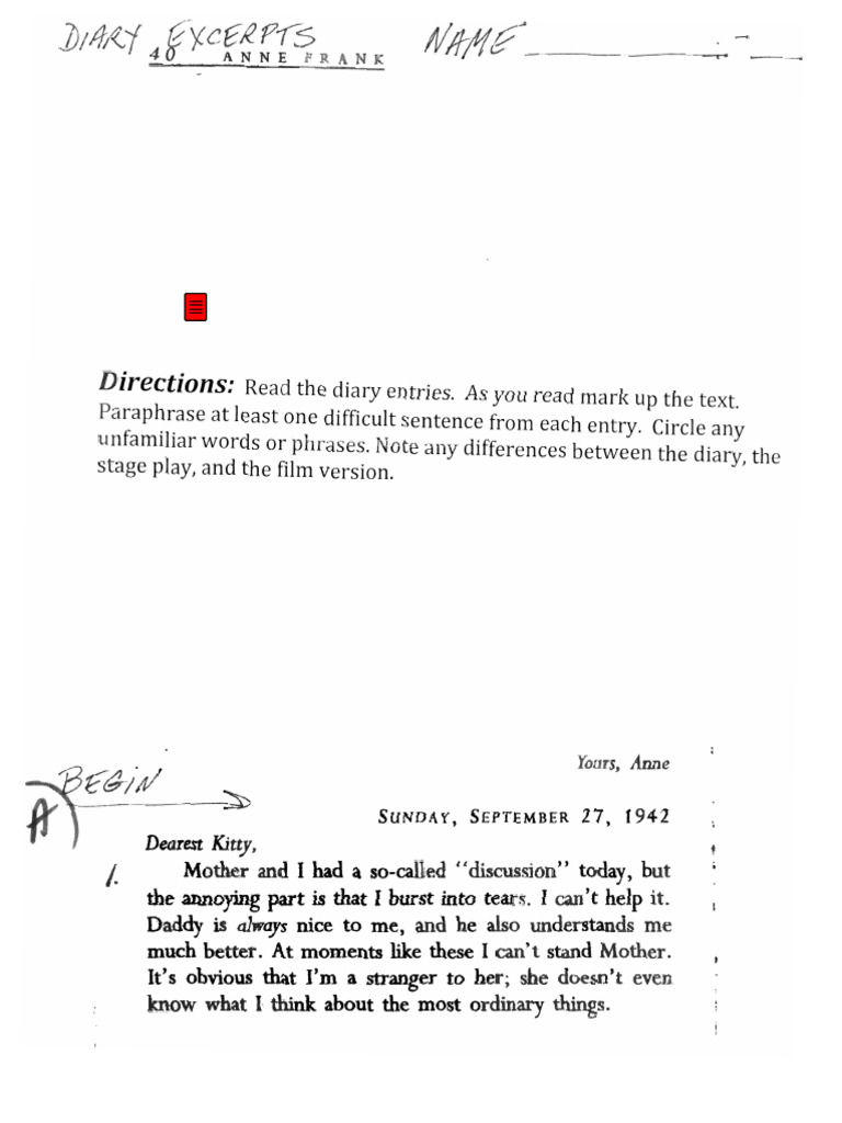 Anne Frank Diary Excerpts 1 | PDF