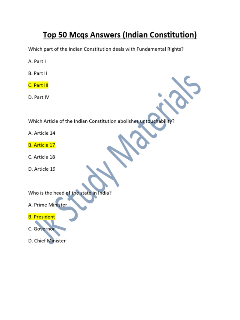 Indian Constitution MCQs | PDF | Political Science | Governance